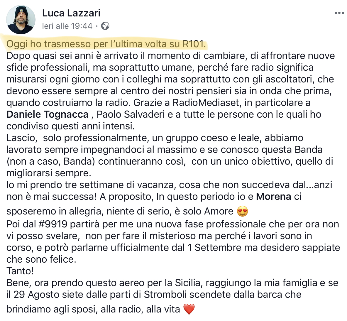 Luca Lazzari lascia R101 per… – DeaRadio